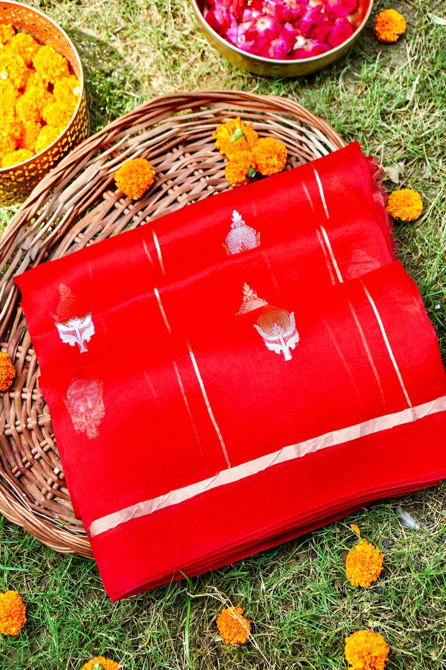 Red Pure Kora Silk Saree – Hamjoli Banaras