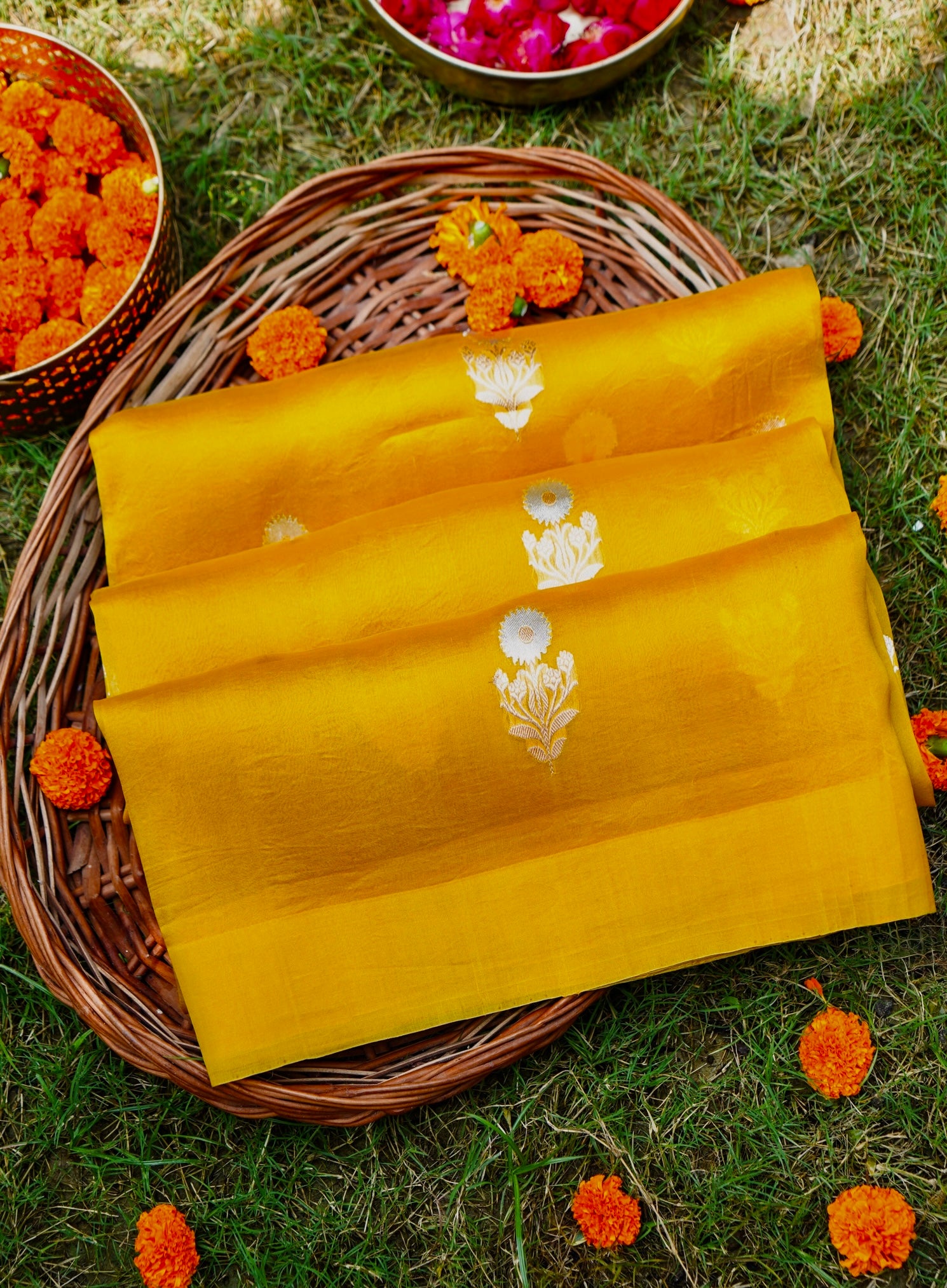 Yellow Pure Kora Silk Saree – Hamjoli Banaras